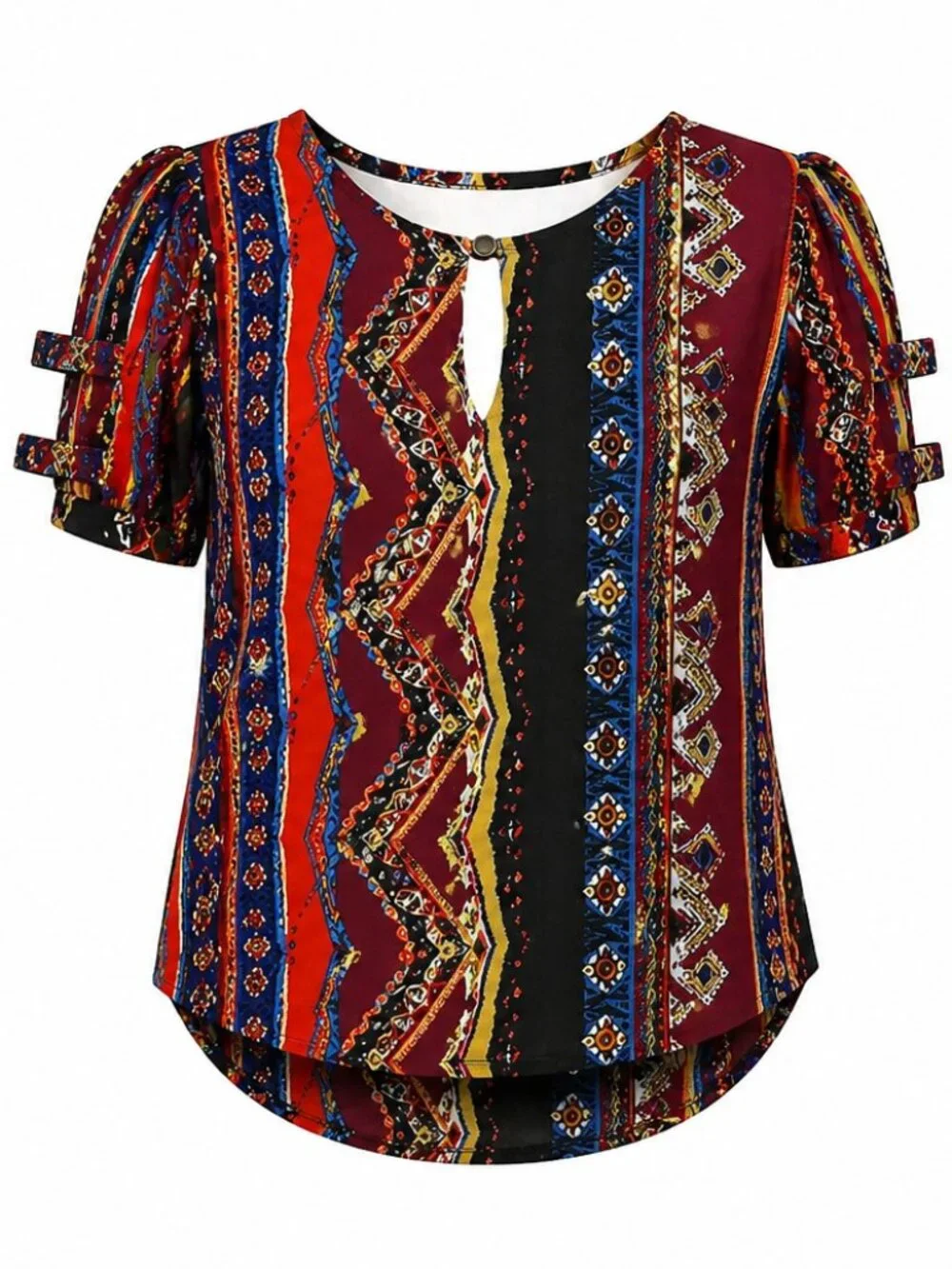 Tops | Boho Tribal Print Cold Shoulder Blouse Vibrant Geometric Pattern ...